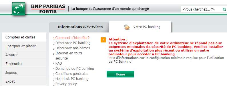 Continuer a utiliser Fortis PC banking avec windows XP - TiltoScope